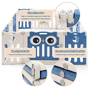 Costzon Foldable Baby Playpen, 14-Panel Baby Fence with Lock Door, Rubber Pads & Anti-Slip Rubber Bases, Indoor Outdoor Safety Baby Fence with Adjustable Shape for Toddlers (14-Panel, Blue)