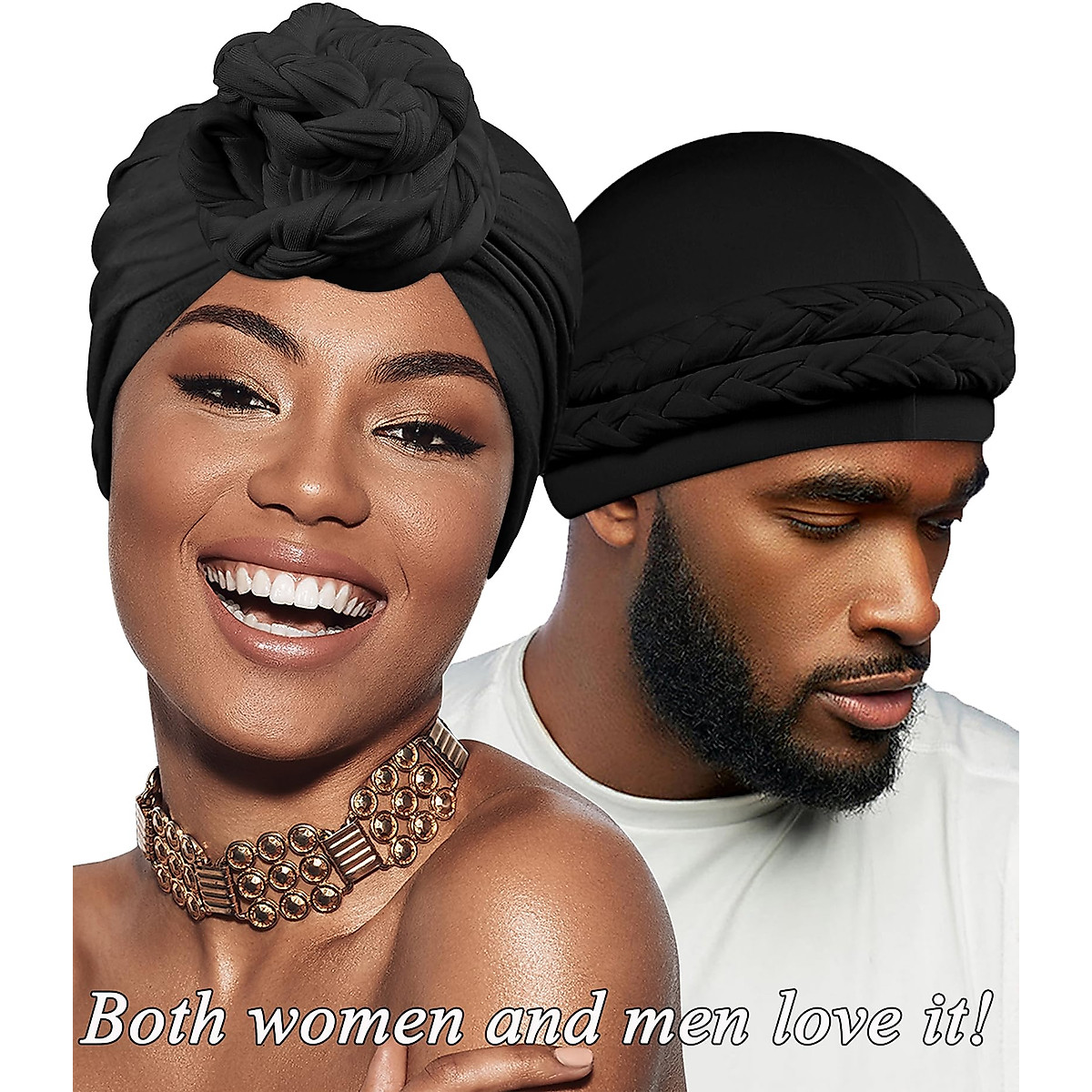 YI HENG MEI Satin Lined Halo Turban for Men Women Pre-Tied Handmade Braid Head Wraps Beanies Sleep Cap Bonnet Turbans Durag, Black, 1PCS