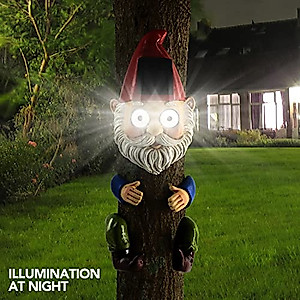 Gnome Solar Tree Hugger Sculpture with LED Lights for Outdoor Decoration - Funny Figurine for Lawn, Yard, and Garden