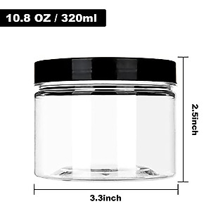 18 Pack 10.8 Oz Plastic Jars with Lids, Clear Round PET Wide-Mouth Container for Slime, Cosmetics, Bathroom, Kitchen, Tool Accessories, Gift, and Traveling Storage, BPA Free, Black Lids