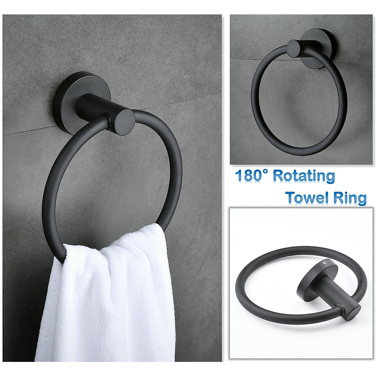 SHUNLI 5-Piece Bathroom Hardware Accessories Set Matte Black (Towel Bar Adjustable 16” to 26”, Toilet Paper Holder, Towel Ring, 2 PCS Towel Hook) Wall Mounted, SUS304 Stainless Steel