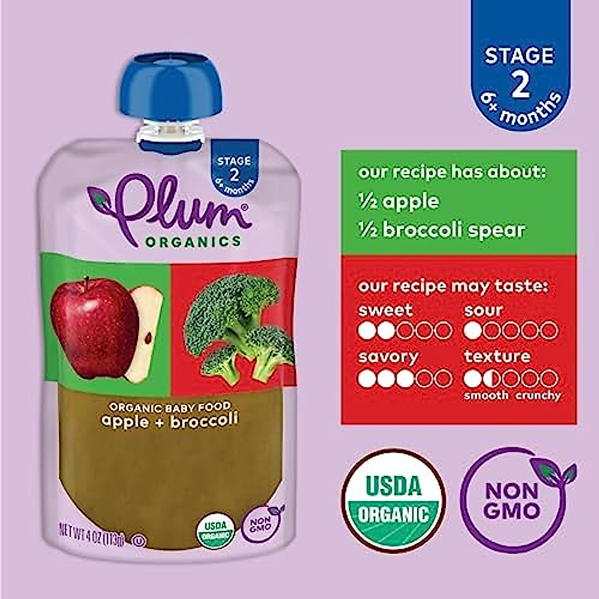 Plum Organics | Stage 2 | Organic Baby Food Meals [6+ Months] | Apple, & Broccoli | 4 Ounce Pouch (Pack Of 6)