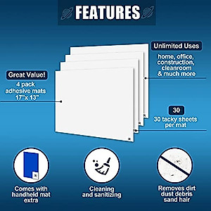Sticky Mat for Construction or Cleanroom Floor - 4 Pack Adhesive Mats 17’’ x 13’’ - 30 Tacky Sheets Per Mat - Removes Dirt Dust Debris Sand Hair - Includes Handheld Mat