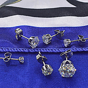 HOVEOX 6 Pairs Alloy Womens Stud Earrings Round Clear Cubic Zirconia Inlaid Simulated Diamond Rhinestone Hypoallergenic Pierced Jewelry CZ Studs 0.1 inch-0.3 inch for Unisex Teens and Women, Silver