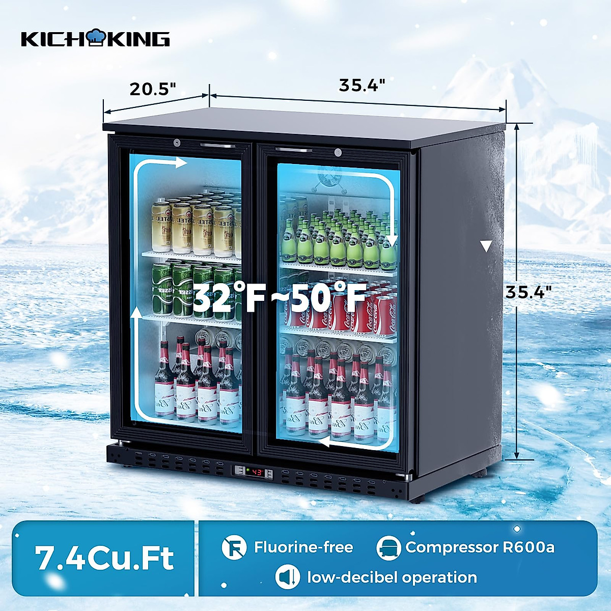 KICHKING 7.4 Cu.Ft Back Bar Cooler 35.4" W Beverage Refrigerator, 2 Low-E Glass Doors, Counter Height Bar Fridge, Commercial Display Refrigerator Anti-Fog, LED Light Beer, Wine, Soda, Soft Drinks