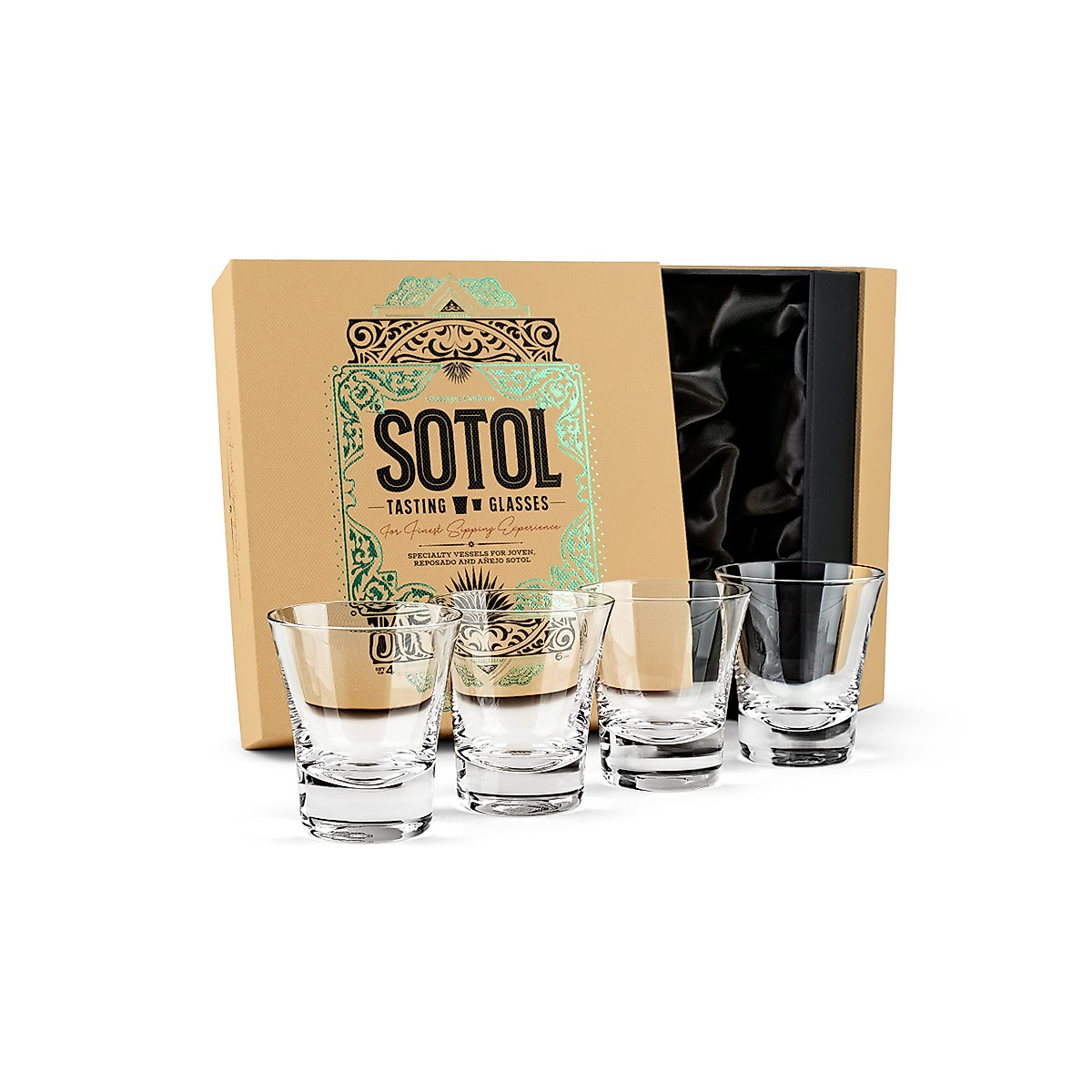 Sotol and Tequila Sipping Glasses | Tequila Glassware Collection | Set of 4 | 6 oz Professional Sippers for Drinking Joven, Reposado, Anejo Sotols | Stemless Heavy Based Liquor Snifters