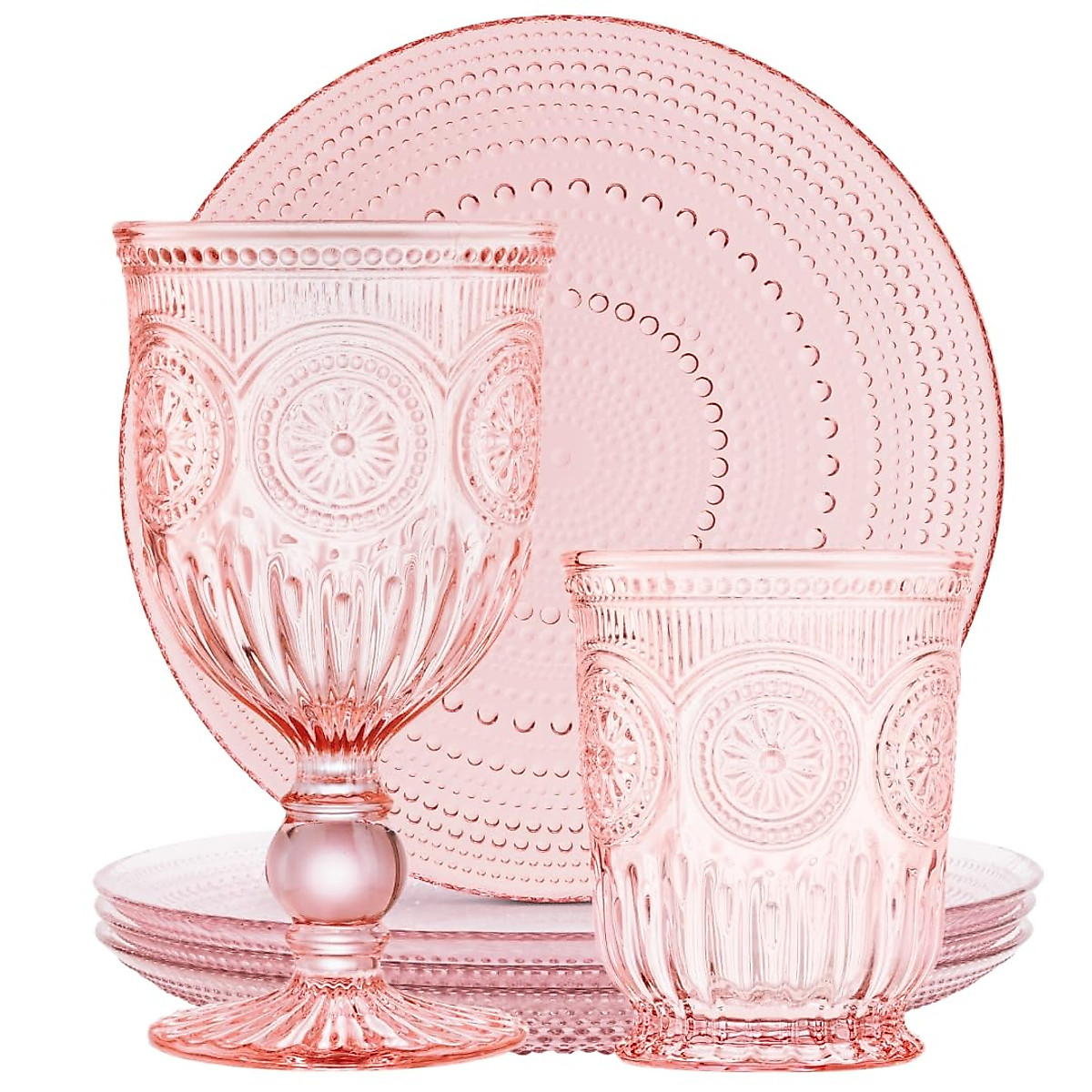 Yungala Pink Glassware Bundle - NEW Pink Wine Glasses Sunflower - Small Pink Cups (Sunflower) - Pink Glass Plates - Matching Pink Glassware Sets with Sunflower Emboss Design