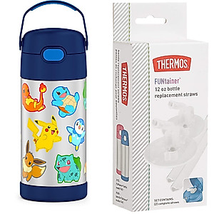 THERMOS FUNTAINER 12 Ounce Stainless Steel Vacuum Insulated Kids Straw Bottle, Pokemon and Thermos Replacement Straws
