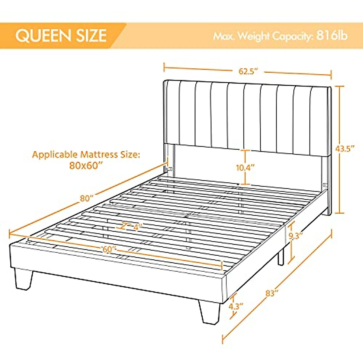 Yaheetech Queen Size Bed Frame, Upholstered Platform Bed with Wing Edge Channel Headboard, Square Tufted Fabric/Mattress Foundation/Wooden Slats Support/No Box Spring Needed/Easy Assembly/Dark Gray