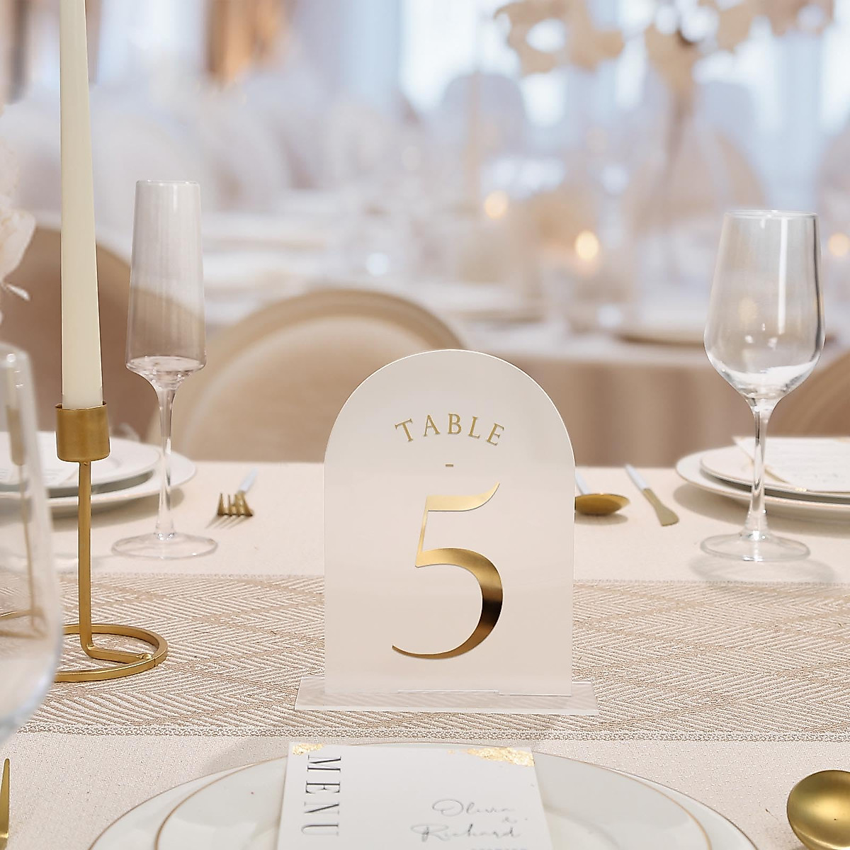 UNIQOOO Frosted Arch Wedding Table Numbers with Stands 1-15, Gold Foil Printed 5x7 Acrylic Signs and Holders, Perfect for Centerpiece, Reception, Decoration, Party, Anniversary, Event