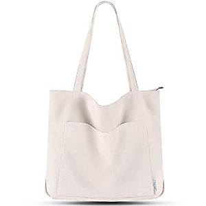 Prite Corduroy Tote Bag for Women Large Shoulder Bag with Zipper and Pockets for College School Work Travel Shopping (Beige)