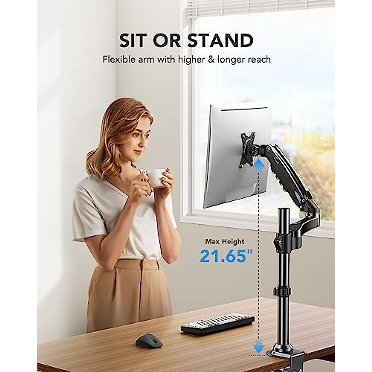 HUANUO Single Monitor Mount - Gas Spring Monitor Arm Fits 13-32'' Monitor, Full Motion Swivel, Single Monitor Stand, Ultra Height Adjustable for Stand Work, Monitor Desk Stand with VESA, Max 19.8lbs