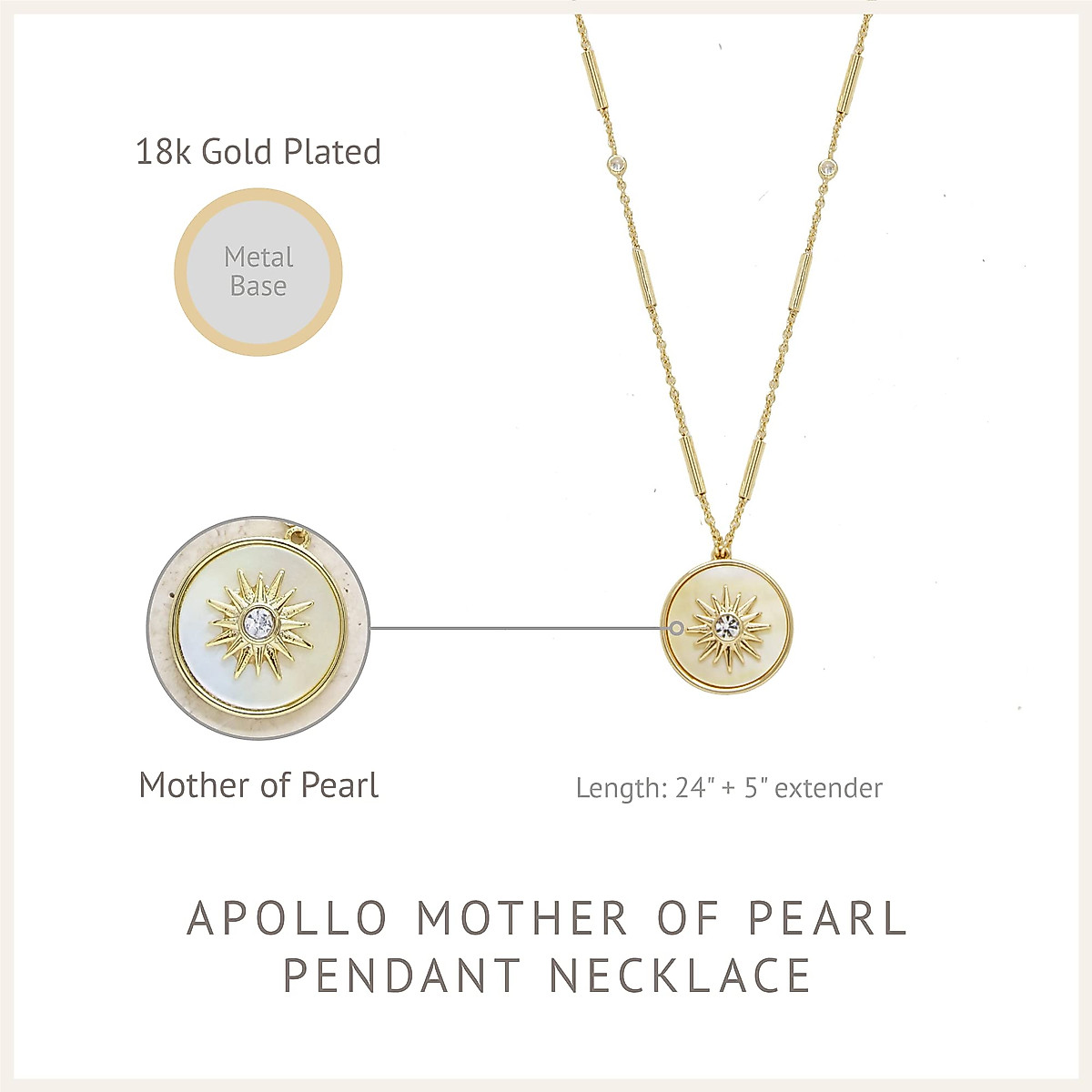 Ettika Chain Necklace for Women. Apollo Mother of Pearl 18k Gold Plated Pendant Necklace. Fashion Jewelry