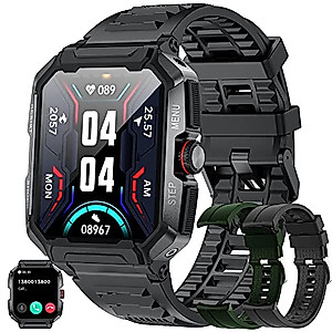 Military Smart Watches for Men, 5ATM Waterproof Rugged Grade Bluetooth Call(Answer/Dial Calls), Health Tracker for Android Phones and iPhone Compatible, 1.85" Heart Rate/Blood Pressure Watch (Black)