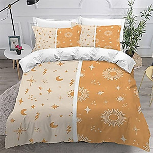 Quilt Cover Queen Size Sun and Stars Theme 3D Bedding Sets Warm Earthy Tones Duvet Cover Breathable Hypoallergenic Stain Wrinkle Resistant Microfiber with Zipper Closure,beding Set with 2 Pillowcase