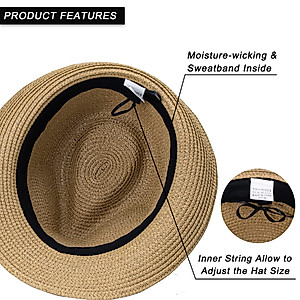Womens-Sun-Hat Summer-Straw-Fedora Hat Foldable-Panama Beach-Sun Hat Short Brim Trilby-Hat - M-L Adjustable String Bulit-in Khaki