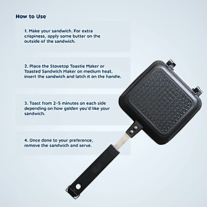 Jean-Patrique Stovetop Toastie Maker – Black Ceramic Toasted Sandwich Maker - Non-Stick Panini Press with Handles - Indoor & Outdoor Panini Grill Press Sandwich Maker – Breakfast Sandwich Maker