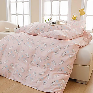 MKXI Queen Size Pink Floral Duvet Cover Cute Cats Duvet Cover for Girls White Cat Pattern Kids Bedding Set Pink Cartoon Comforter Cover for Children