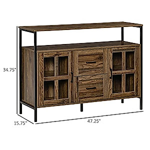 HOMCOM Industrial Sideboard Buffet Cabinet, Coffee Bar Cabinet with Adjustable Shelves, Glass Doors, and 2 Drawers for Kitchen, Living Room, Brown
