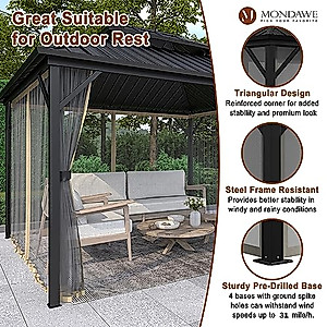 MONDAWE 10x12Ft Hardtop Gazebo with Netting Heavy Duty Permanent Gazebo Galvanized Steel Double Roof Pavilion Steel Frame Canopy Outdoor for Patio Lawn Garden