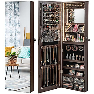 CHARMAID Jewelry Armoire Cabinet Wall Door Mounted, 3 Colors LED Light Strip, 47.2''H Full Length Mirror, Brush and Lipstick Storage, Lockable Jewelry Organizer Box with 4 Drawers (Brown)