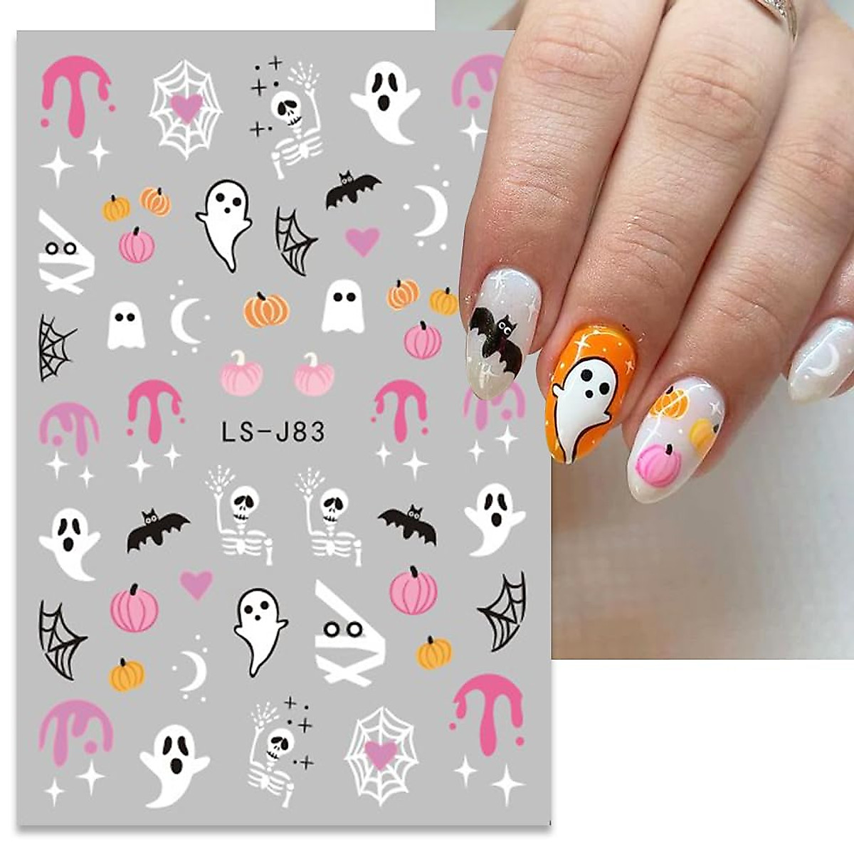 JMEOWIO 9 Sheets Halloween Nail Art Stickers Decals Self-Adhesive Pegatinas Uñas Pink Skull Ghost Witchy Spider Web Bat Pumpkin Horror Spook Nail Supplies Nail Art Design Decoration Accessories