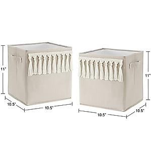 Sweet Jojo Designs Boho Bohemian Foldable Fabric Storage Cube Bins Boxes Organizer Toys Kid Baby Children - Set of 2 - Solid Taupe Beige Ivory Cream Off White Linen Farmhouse Shabby Chic Modern Tassel