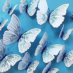 24PCS Butterfly Stickers with Sponge Gum and Magnets, White Crystal Removable Butterfly Wall Sticker Decals for Room Home Nursery Decor (Blue Single Wing)
