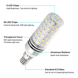 Super Bright E12 LED Corn Bulbs, 16W 1500LM Bulbs, Daylight White 6000K Lights, CRI80+, 120W Incandescent Bulb Equivalent, E12 Base Non-Dimmable LED Lamp, Pack of 8