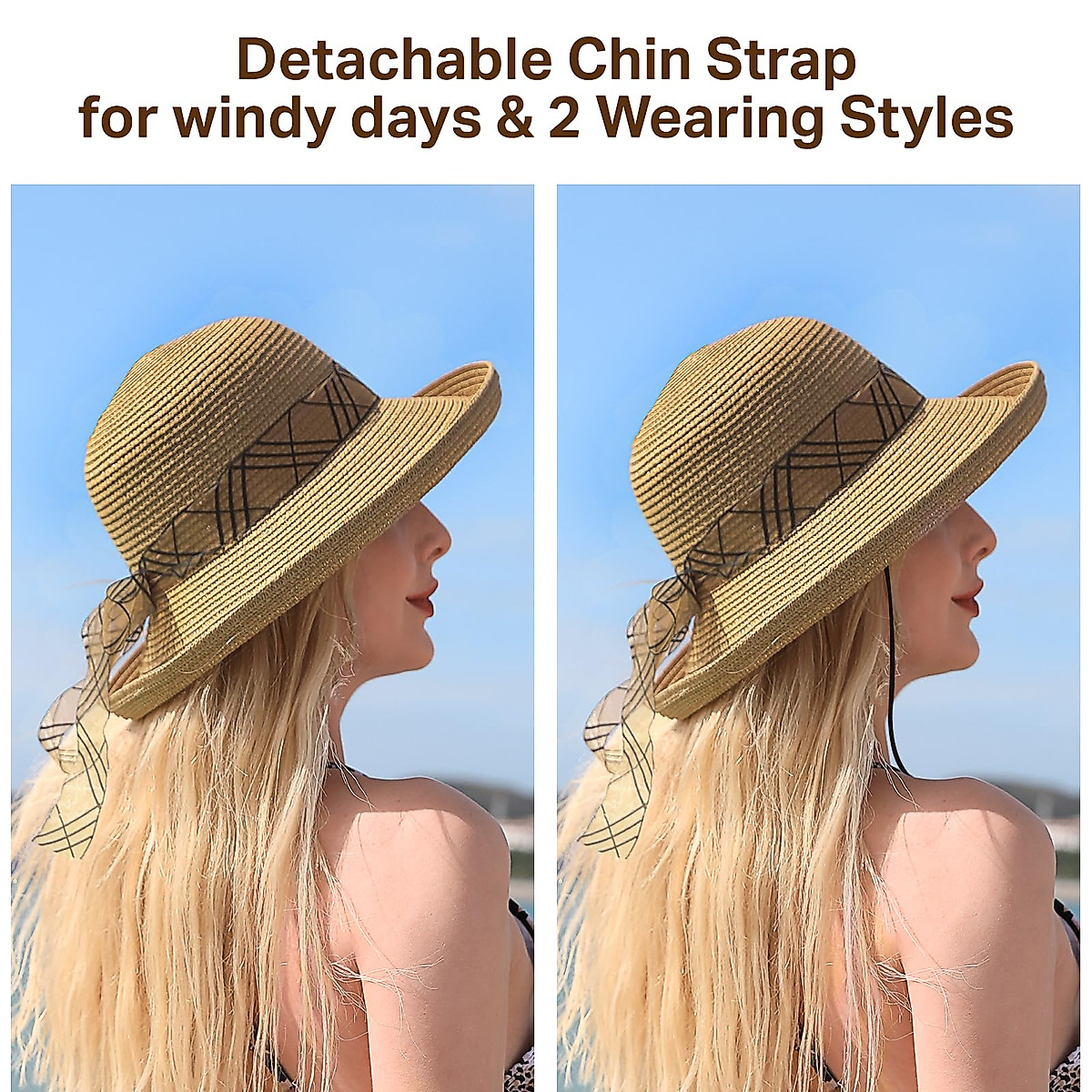 Beach Hats for Women - Sun Hat Womens, Wide Brim Sun Straw Hat for Women with Wind Lanyard Roll Up Hat UV Protection Foldable Khaki