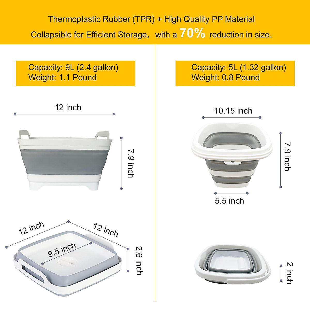 Detsuk Collapsible Basin Bucket (9L+5L)-Collapsible Dish Tub Portable Sink-Foldable Sink Tub for Cleaning Foldable Portable Plastic (9l Dishpan Grey + 5l Bucket Grey)