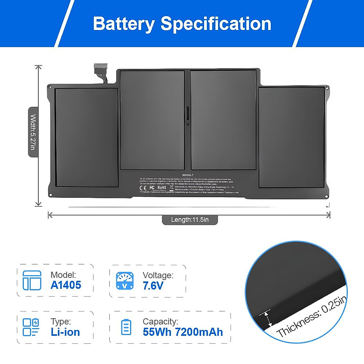 Bee Elf a1466 battery(7200mAh) for MacBook Air a1466 battery replacement (Mid 2012-2017),A1369 battery replacement (Late 2010-Mid 2011),High Capacity A1496/A1405/1377 battery