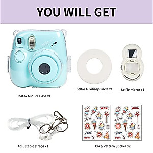 CAIYOULE Clear Case for Fujifilm Instax Mini 7+ Plus Camera Case Protective Case with Back Photo Storage Pocket, Selfie Mirror, Stickers and Adjustable Shoulder Strap