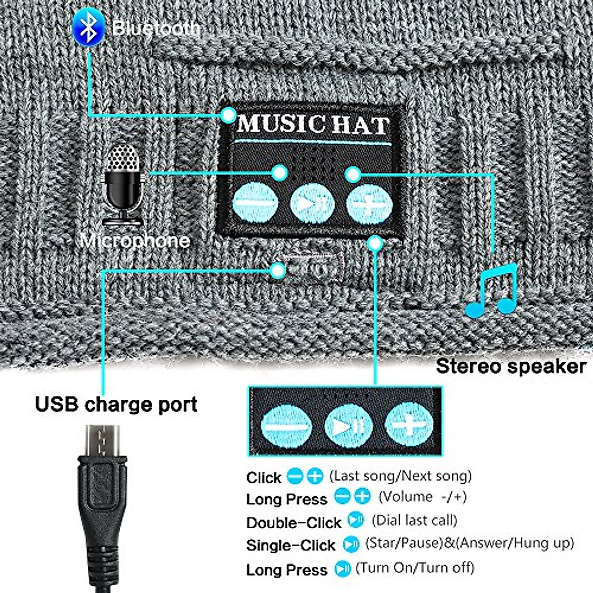 Bluetooth Beanie Hat 5.0 Wireless Headphones Music Hats with Built-in Microphone Winter Hat Warm Ski Cap for Men Women (012-Grey)