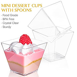 Qeirudu 50 Pack 3.5 oz Square Plastic Dessert Cups with Spoons, Mini Appetizer Cups Clear Parfait Shooter Cups for Tasting Party Small Desserts
