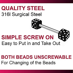 bodyjewellery 3Pcs 14g 14 gauge 1.6mm 14mm steel tongue ring straight barbell Dice tounge bar set Body piercing AHWC
