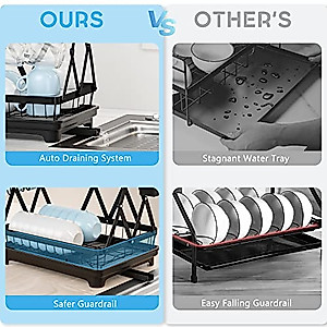 VOGWOLTH Dish Drying Rack, 2 Tier Collapsible Dish Drying Rack with Drainboard for Kitchen Counter Plate Holder Dishes Drainer Dryer Dishrack Dry Stand Folding Countertop Organizer Accessories