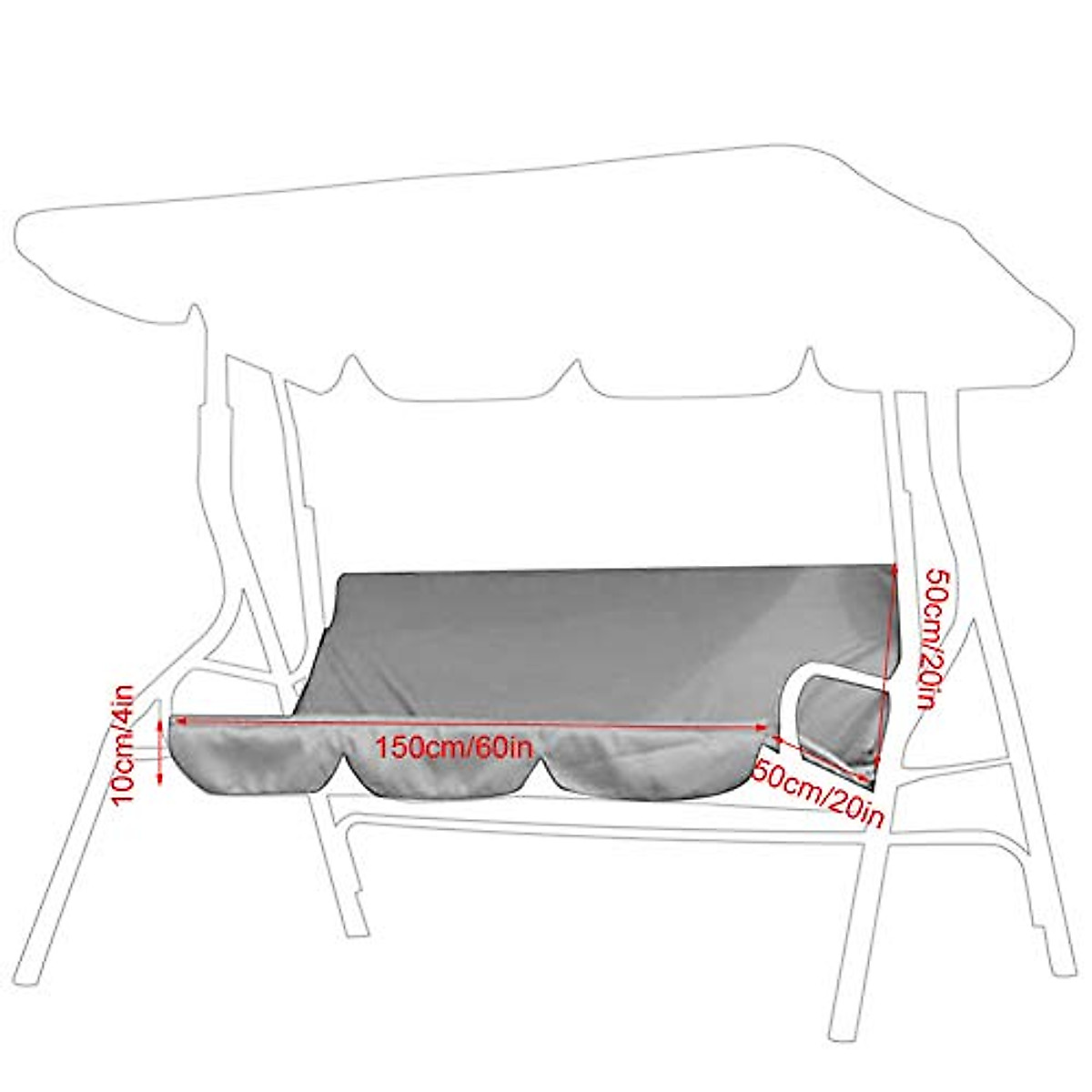 Outdoor Swing Seat Cushion Cover Replacement, Waterproof Polyester Taffeta Fabric 3 Seat Swing Chair Bench Cushion Cover Swing Hammock Protector for Garden Yard Park 59.1x19.7x3.9in (Grey)