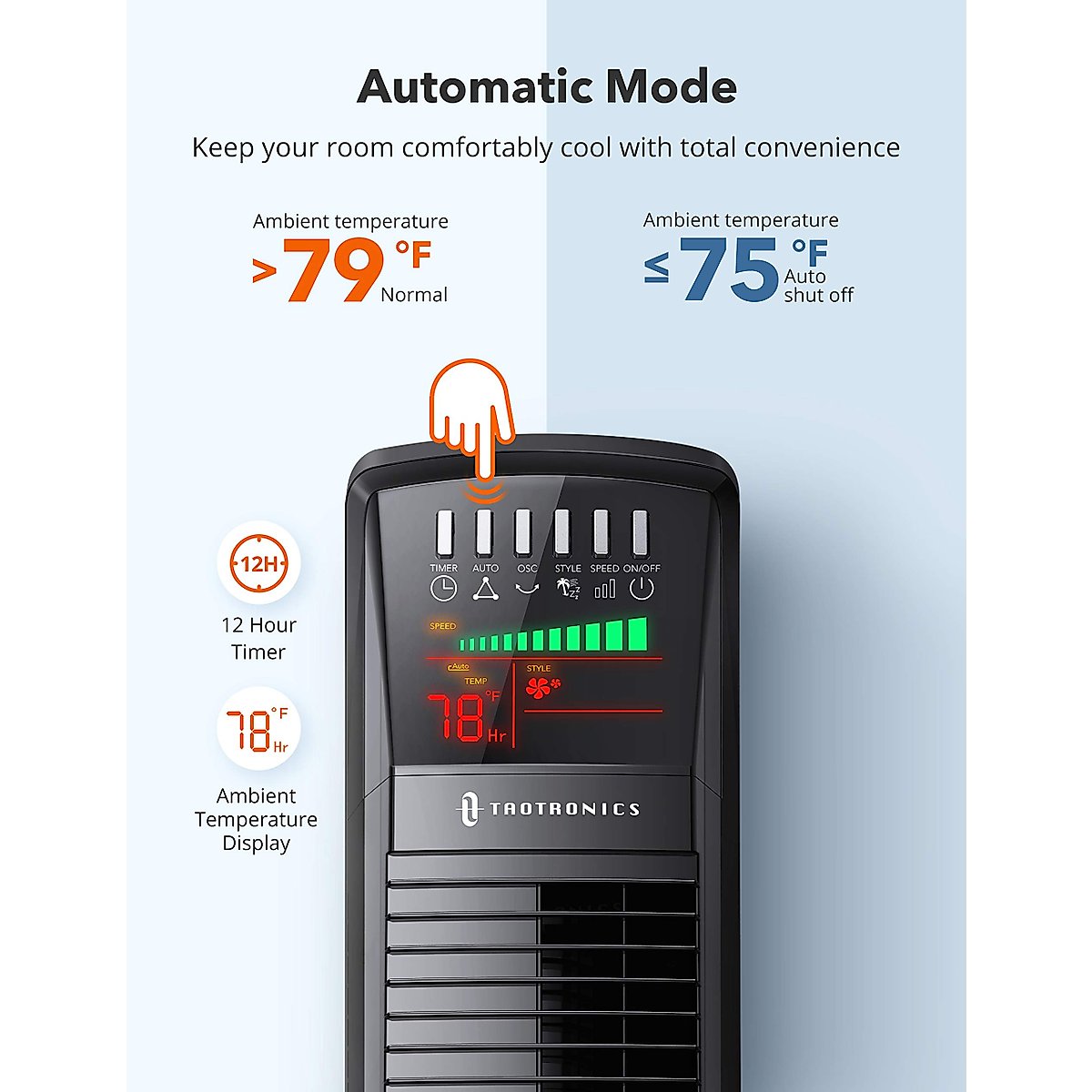 Tower Fan, 65°Oscillating Cooling Fan Powerful Floor Fan with Remote, LED Display, 9 Modes, Easy Clean, Up to 12H Timer, Bladeless Standing Fan Portable for the Whole Room Home Office