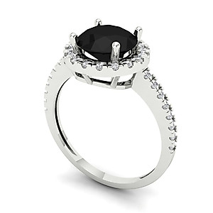 1.82ct Round Cut Solitaire halo Natural Black Onyx designer Modern Statement with accent Ring Solid 14k White Gold Size 4.5