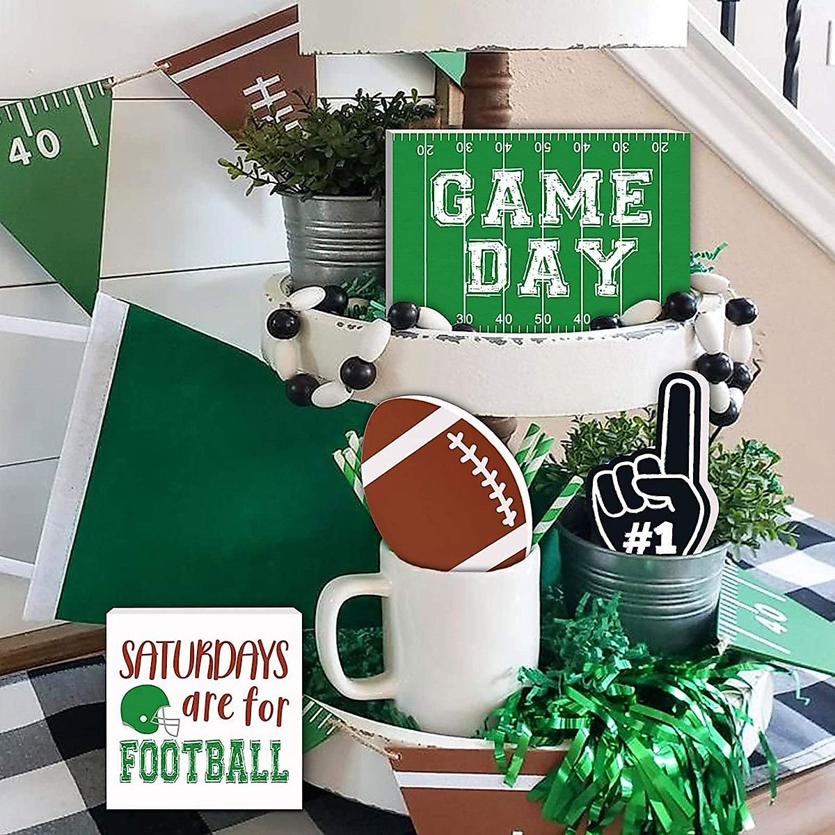 Satiable Football Party Decorations, 4 Pcs Football Tiered Tray Decor, Saturday are for Football Wooden Signs Game Day Wood Block Farmhouse Rustic Tiered Tray Items for Home Kitchen Table Bookshelf