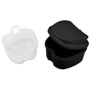 AmeriCan Goods Denture Bath Box with Denture Cleaner Brush Denture Bath Case with Rinsing Basket Tray Container (Black)