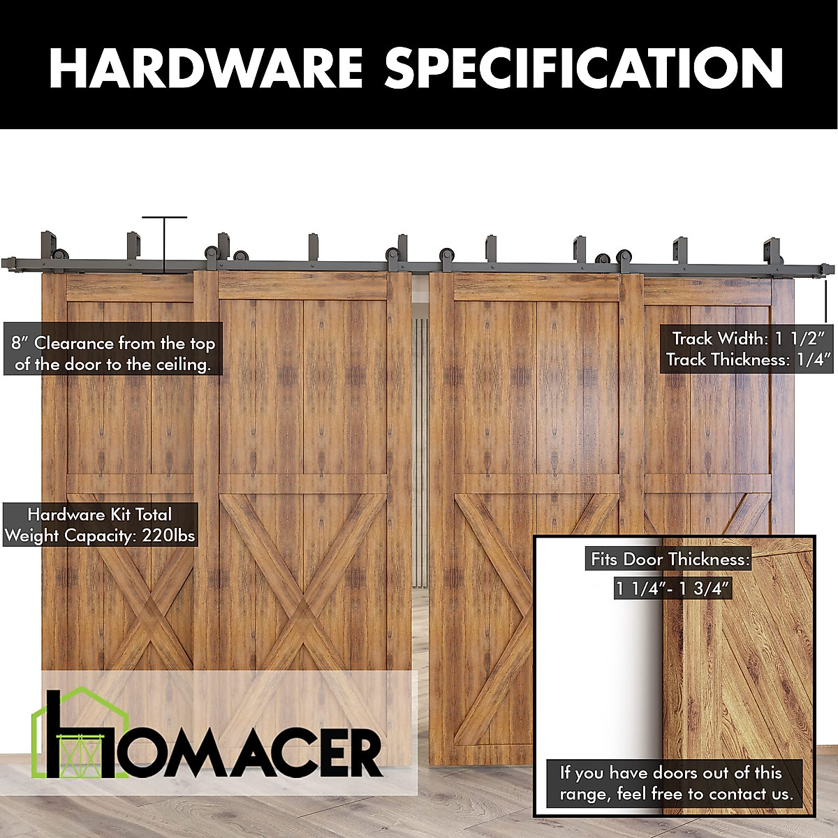 Homacer Black Rustic Double Track U-Shape Bypass Sliding Barn Door Hardware Kit, for Four Doors, 12ft Long Flat Track, T-Shape Design Roller