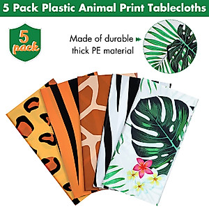 Animal Safari Tablecloth Jungle Animal Theme Tablecover Tiger Zebra Giraffe Print Table Cover Tropical Leaf Tablecloth Party Supplies for Jungle Safari Birthday Baby Showers (Greenery Style, 5 Pcs)