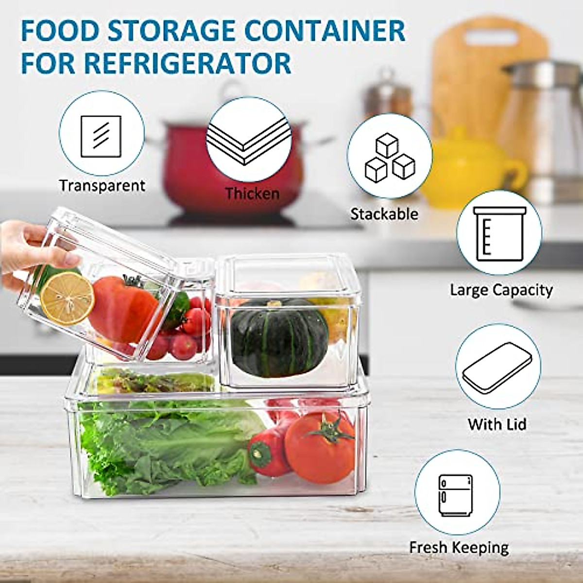 AZFUNN Fridge Organizer with Lids, Fruit and Vegetable Storage Containers for Fridge, Set Of 4 Refrigerator Organizer Bins Storage Clear Containers for Kitchen, Food, Drinks, BPA-Free, Stackable