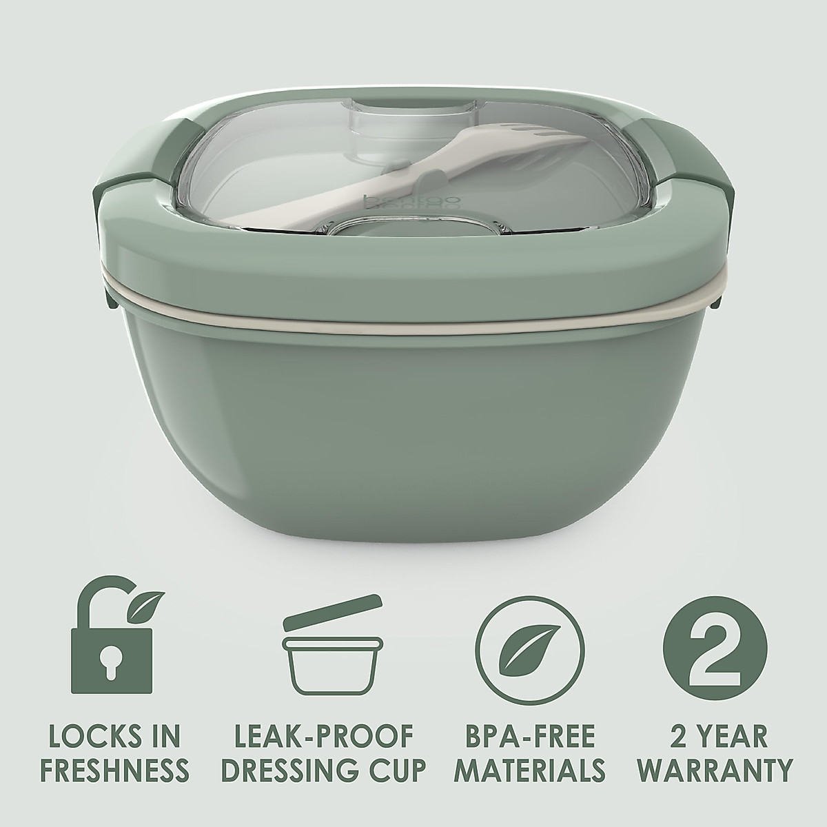 Bentgo® All-in-One Salad Container - Large Salad Bowl, Bento Box Tray, Leak-Proof Sauce Container, Airtight Lid, & Fork for Healthy Adult Lunches; BPA-Free & Dishwasher/Microwave Safe (Khaki Green)