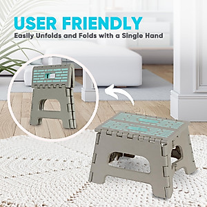 BLACK+DECKER 9'' Folding Step Stool, Foldable Collapsible Step Stools for Adults Holds Up to 330 lbs, Compact Non-Slip Surface with Carry Handle for Kitchen, Bedroom, Garden, Bathroom, Gray/Teal