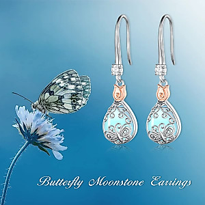 Butterfly Moonstone Earrings Leverback 925 Sterling Silver Teardrop Drop Dangle Earrings Gift For Women