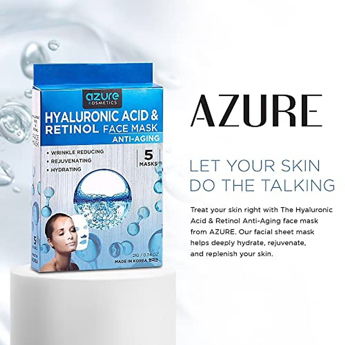 AZURE Hyaluronic Acid & Retinol Anti Aging Facial Mask - Dermatologist Tested - Rejuvenating & Hydrating Face Mask - Helps Reduce Fine Lines & Wrinkles, Smooths & Repairs - Korean Skin Care - 5 Pack