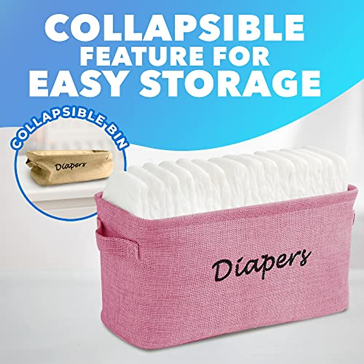 Dejaroo - Baskets for Organizing Diapers and Newborn Essentials, Baby Diaper Caddy Organizer, Embroidered Baby Shower Gifts for Moms, Linen Basket with Handle, 12 x 6 x 6 Inches, Pink